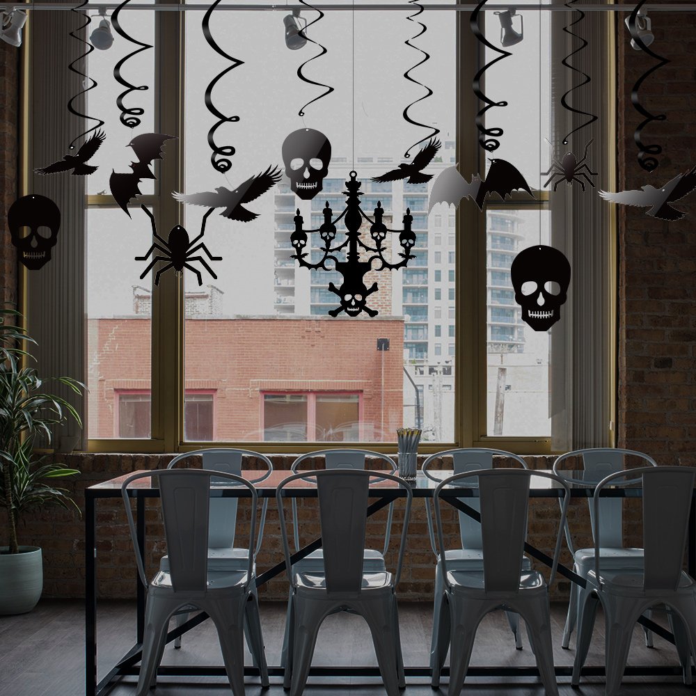 KUUQA Halloween Hanging Decorations Ceiling Decoration of Chandelier Bat Crow Spider Skull for Haunted House Decoration, Set of 20