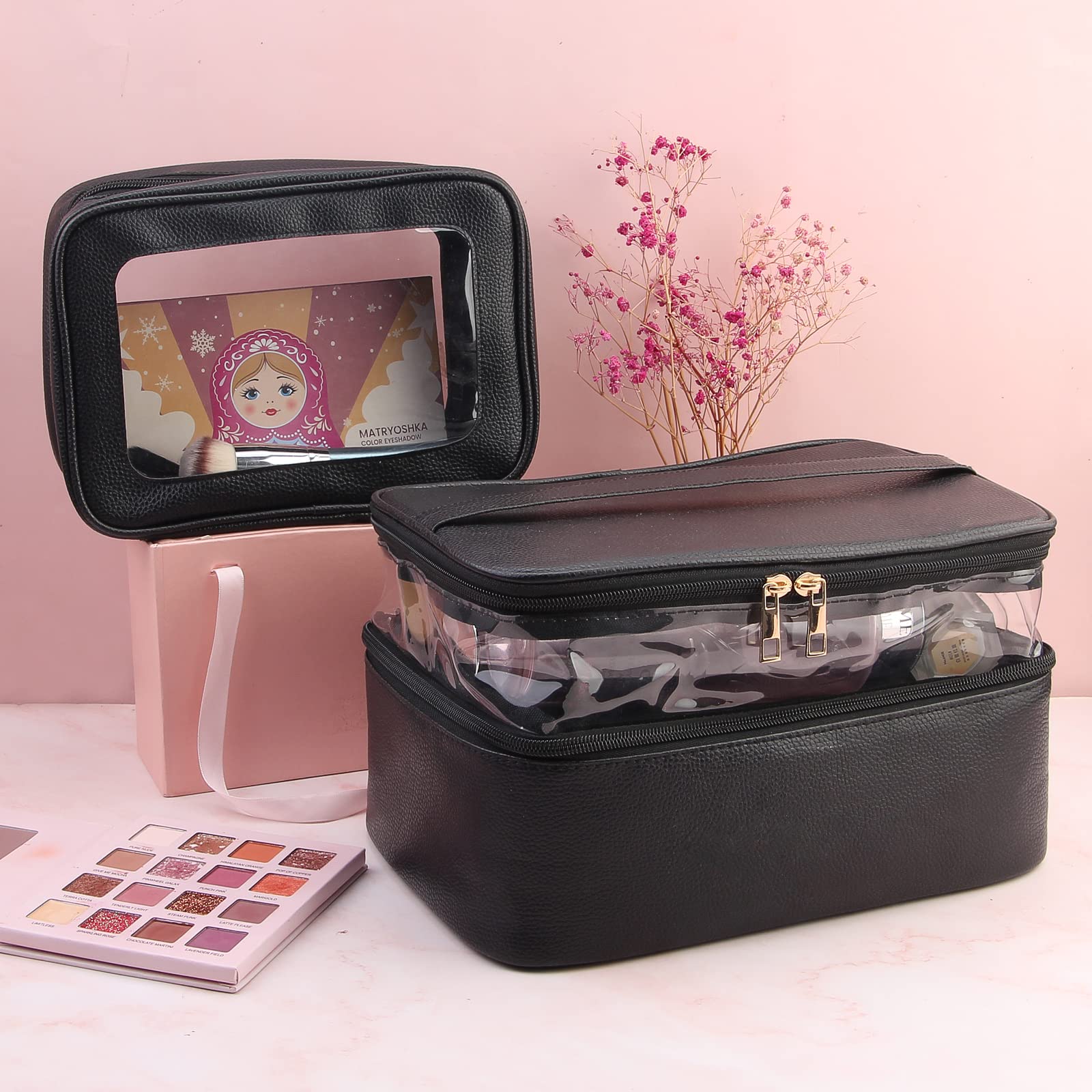 MAGEFY 2 PCS Travel Cosmetic Bags Leather Double Layer Organizer Clear Toiletry Bag Black Makeup Bags for Women Gifts with Adjustable Dividers