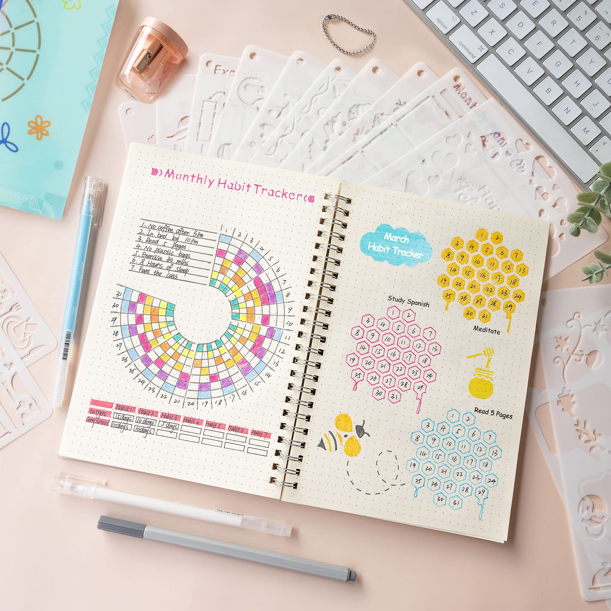 Midenco 36Pcs Bullet Journal Stencils Templates Set (5.1 * 7.9 Inch) - Bullet Journals Accessories/Supplies Kit - Journal Stencils for Bullet Journaling - Planner Stencils for A5 Dotted Journal