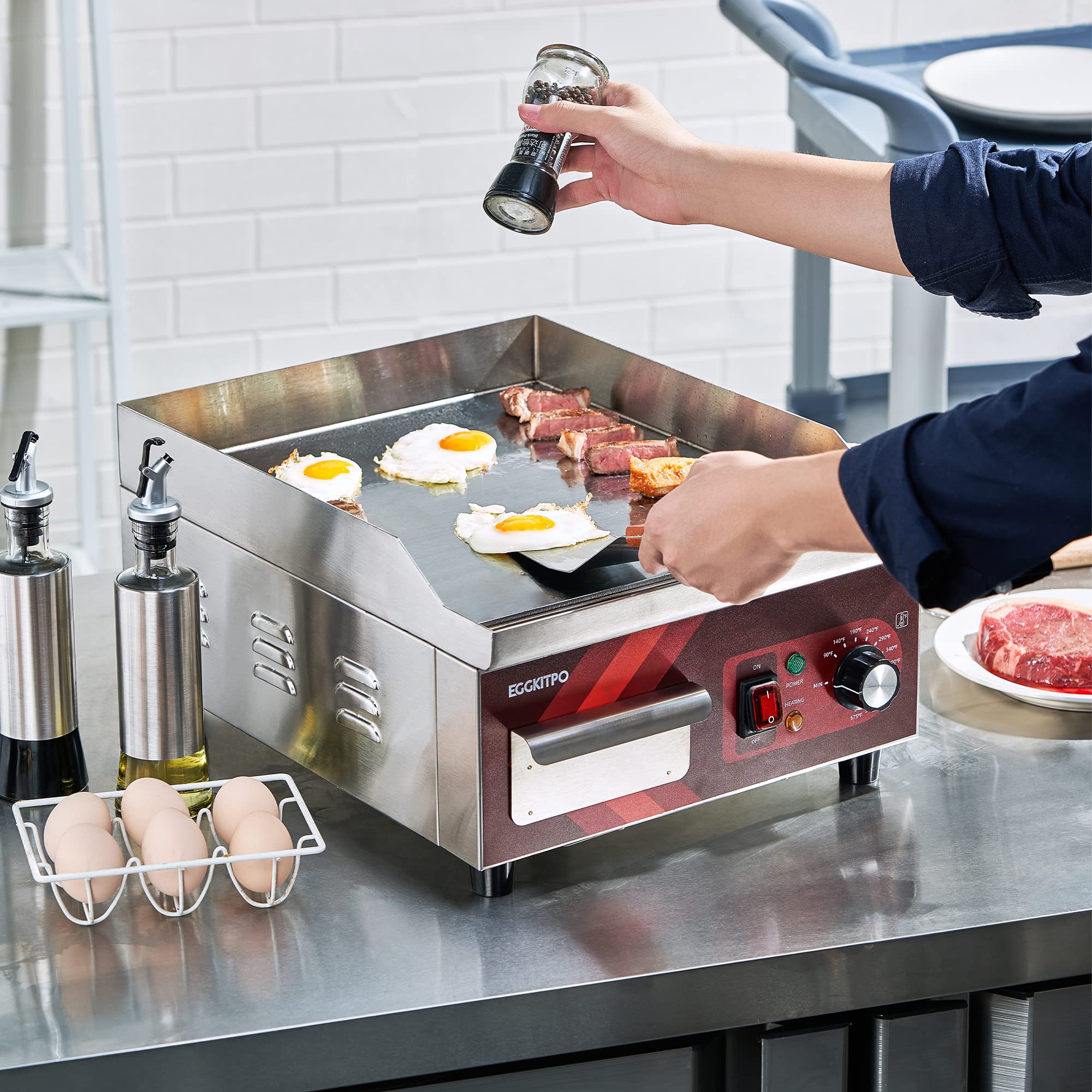EGGKITPO 14 Inch Electric Griddle, Non-Stick Flat Top Grill Commercial Electric Countertop Griddles Stainless Steel Adjustable Temperature Control 90°F-575°F for Home or Restaurant Use