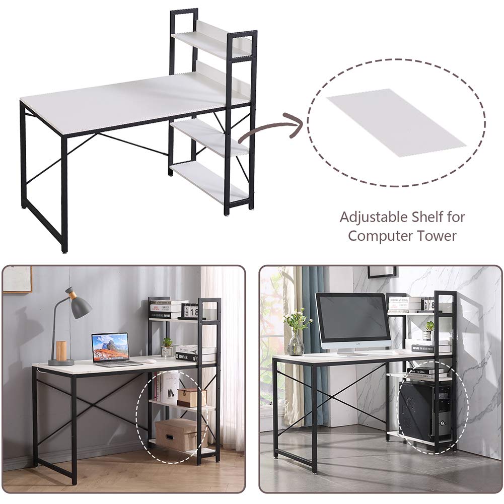 Computer Writing Study Home Office Desk, Multipurpose Study Table H Shape Table with 4 Tier Bookshelves, 47 inch #White