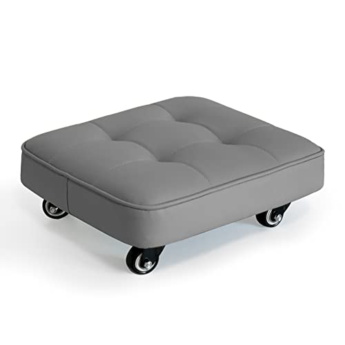 CRENEWY Low Rolling Stool with Wheels,360 Degree Rotating,PU Low Height Rolling Seat Wheel Stool Chair,Square Seat Stool for Home Office Fitness Garage Shop(Grey)