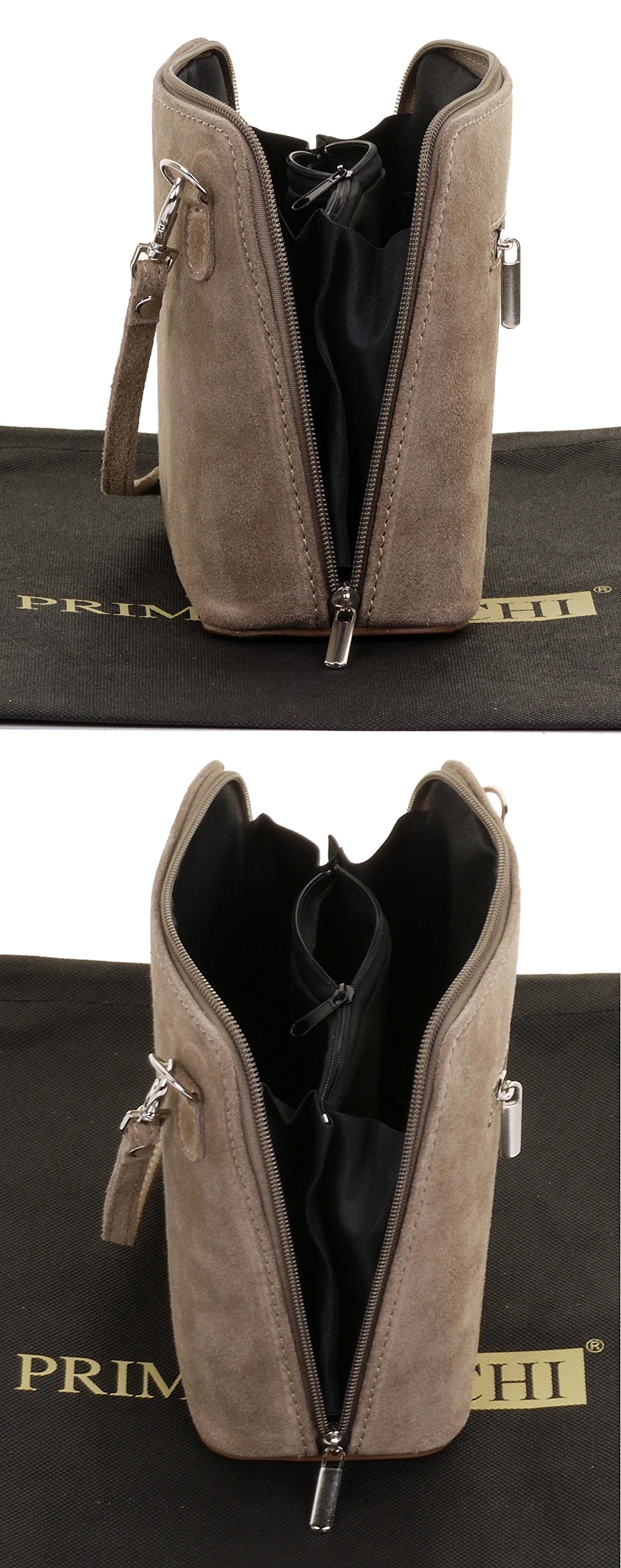 PRIMO SACCHI Ladies Italian Suede Leather Small Micro Dark Beige Crossbody Shoulder Bag Handbag Purse