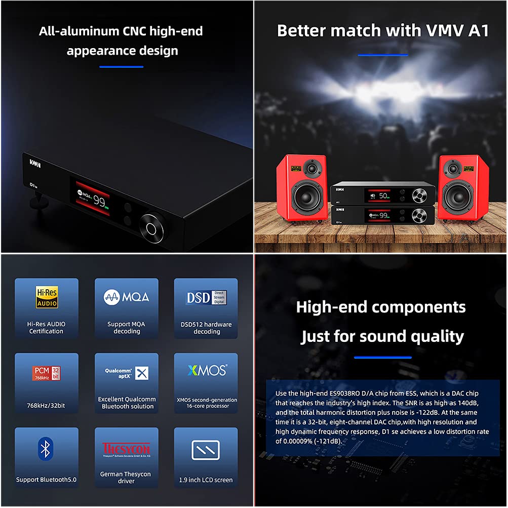 SMSL VMV D1se MQA USB DAC DSD512 768kHz 32Bit Bluetooth 5.0 Desktop Stereo Decoder Hi-Res Audio HiFi DAC ES9038PRO with XLR Output