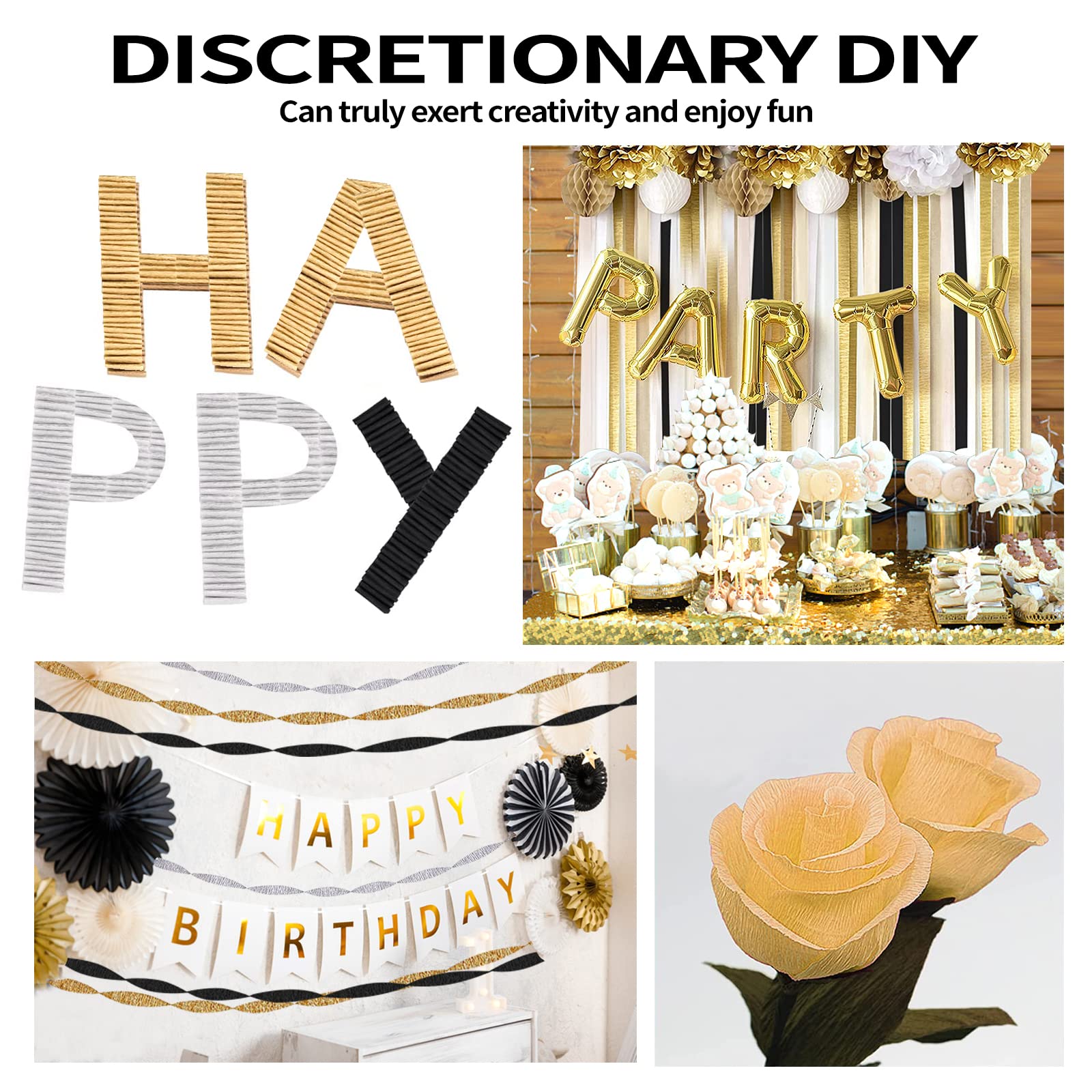 Crepe Paper Streamers 6 Rolls 492ft, Pack of 2 Gold, 2 Silver, 2 Black - Streamers Party Decorations Streamers (1.8 Inch x 82 Ft/Roll),for Party Decorations Birthday Decorations, Wedding Decorations