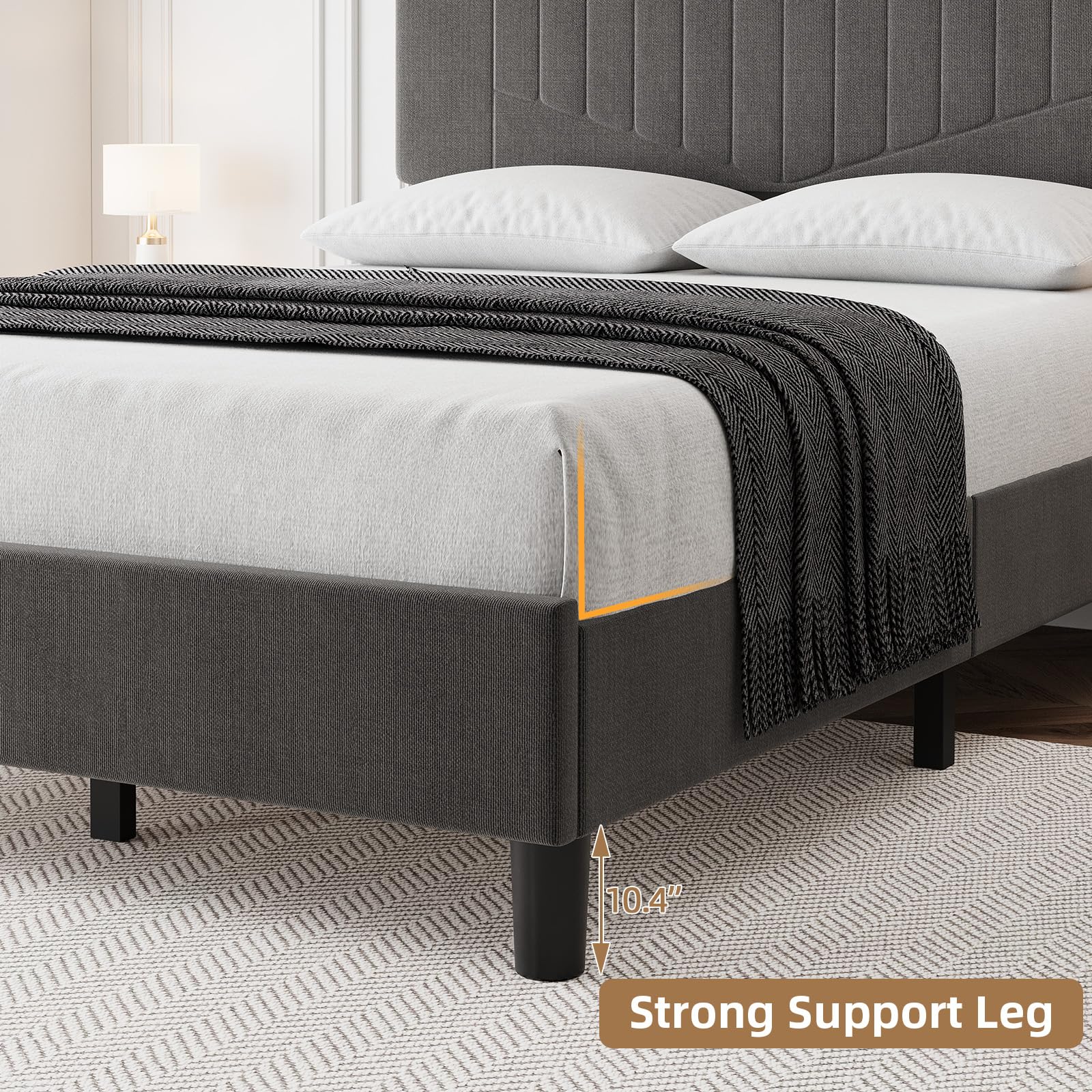 GarveeHome Grey Queen Bed Frame Upholstered Platform with Adjustable Headboard, Adjustable Modern Vertical and Diagonal Striped Headboard, Mattress Foundation, Easy to Assemble