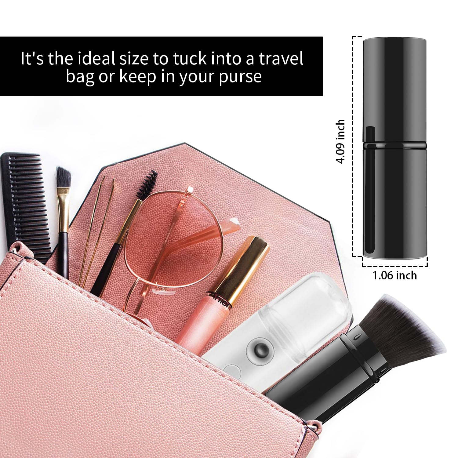 Falliny Retractable Makeup Brush, Travel Angled Kabuki Powder Brush Portable Face Liquid Foundation Sunscreen Brush with Cover for Blending Liquid, Cream or Flawless Powder Cosmetics