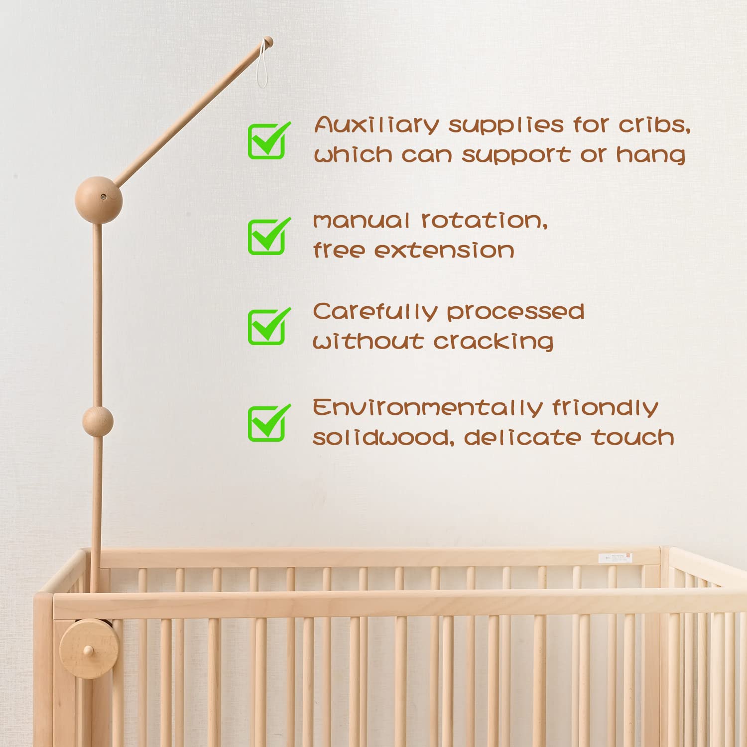Crib Mobile Arm -30 Inch Mobile Hanger, Baby Mobile Holder for Nursery, 2 X 360° Adjustable Angle, Strong 3D Rubber Anti Slip Attachment,100% Natural Beech Wooden