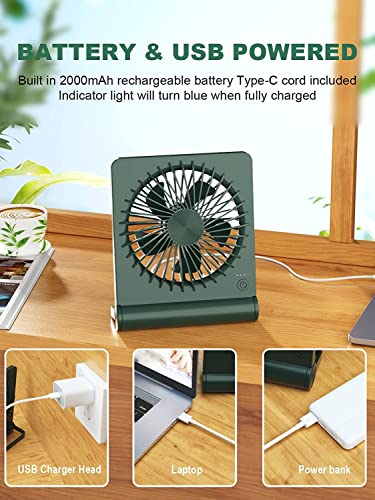 Tevelecin Small Desk Fan, 2000mAh Rechargeable USB Fan Battery Operated,Ultra Quiet, Strong Wind, 3 Speeds & about 4-12 Hours Longer Working, 180°Foldable Mini Desktop Fan for Home Office Travel Outdoor-Green