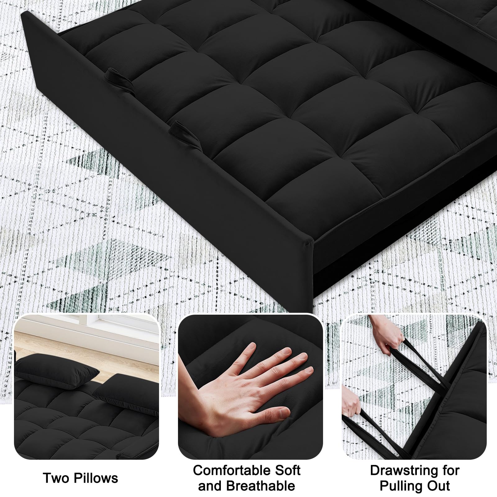 GarveeHome Modern 3-in-1 Velvet Loveseat Futon Couch Pull-Out Bed, Sofa Bed Couch Convertible Sleeper Sofa Bed with Adjustable Backrest, Storage Pockets with 2 Pillows for Living Room Bedroom, Black