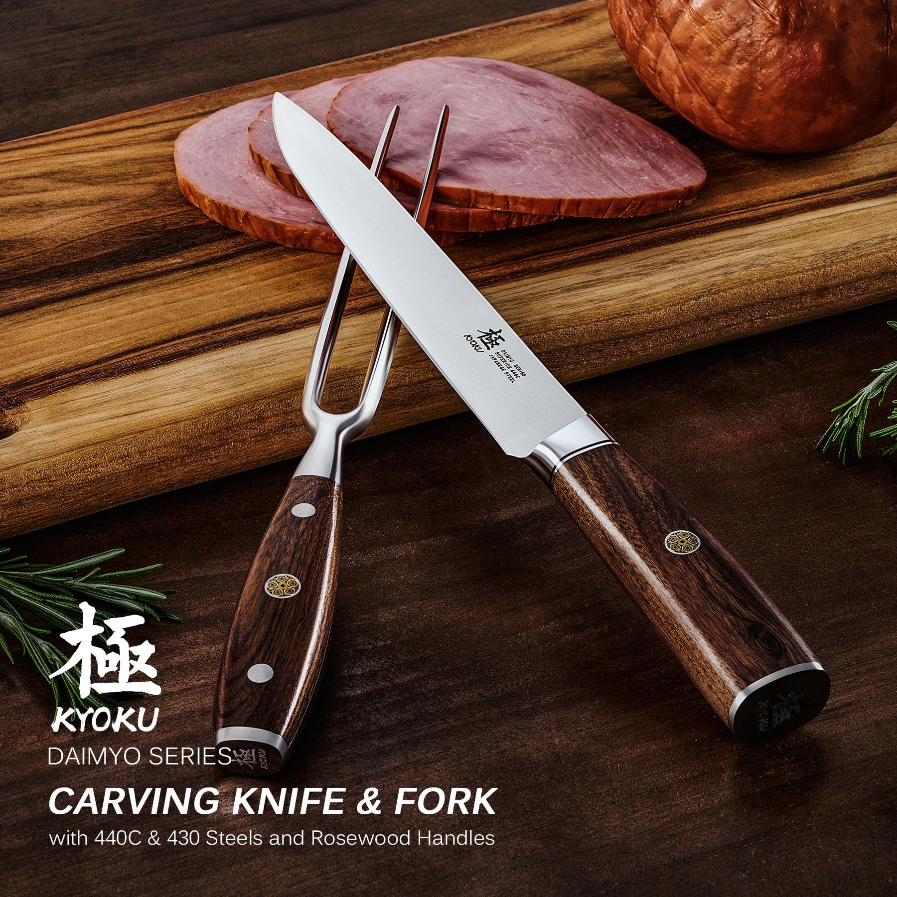 KYOKU Carving Knife Set, Daimyo Series 8" Carving Knife and Fork, Japanese 440C Stainless Steel Meat Cutting Knife