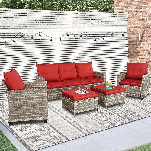 HTTH Patio Furniture Sets PE Rattan Wicker Outdoor Conversation Set Patio Sectional Sets Patio Sofa Couch Set with 2 Ottomans for Porch, Balcony, Lawn (Gray-Red)