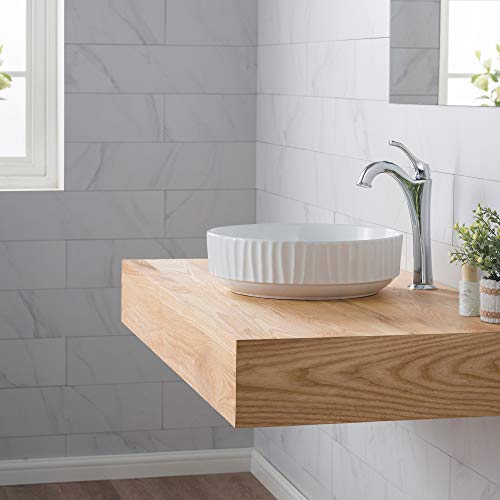 KRAUS Viva™ Round White Porcelain Ceramic Vessel Bathroom Sink with Pop-Up Drain, 15 3/4 in. D x 4 3/4 in. H, KCV-201GWH