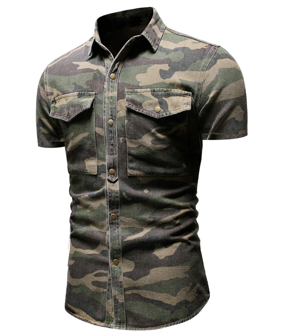 chouyatou Men's Military Style Short/Long Sleeve Camo Printed Button Down Shirt (Large, Green Short)