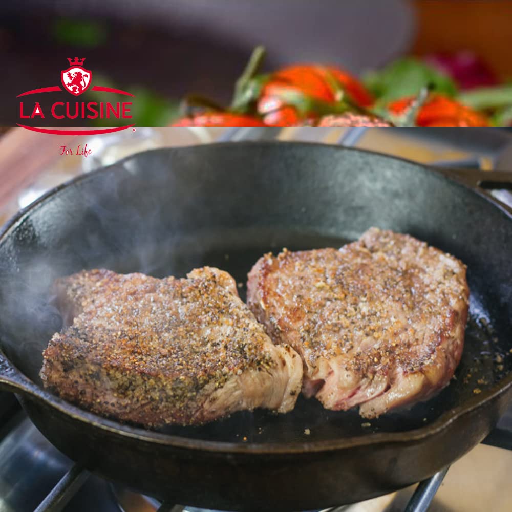 La Cuisine 12 Inch Cast Iron Skillet Frying Pan with Matte Black Enamel Coating Silicone Thermal Resistant Handle Sleeve is included. Ideal for both Indoor and Outdoor, Oven Safe