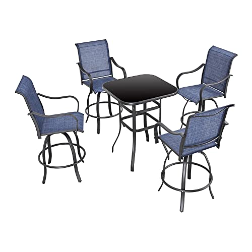 LOKATSE HOME 5 Piece Patio Dining Set Tesling Swivel Chairs with Glass Square Table Outdoor Furniture Bistro Rotating Stools for Poolside, Cafe, Porch, Chic Bar, Blue
