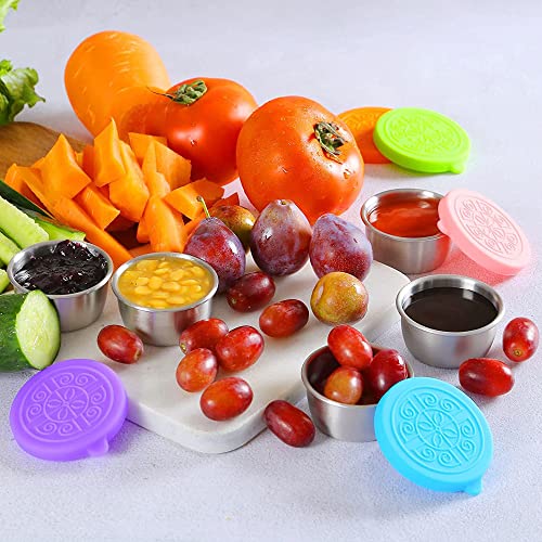 Jeadiuwe Salad Dressing Container To Go 6 x 1.7 oz Set,Reusable Small Stainless Steel Condiments Containers with the silicone Lids,Reusable Leakproof Sauce Containers for Lunch Box Leak Proof