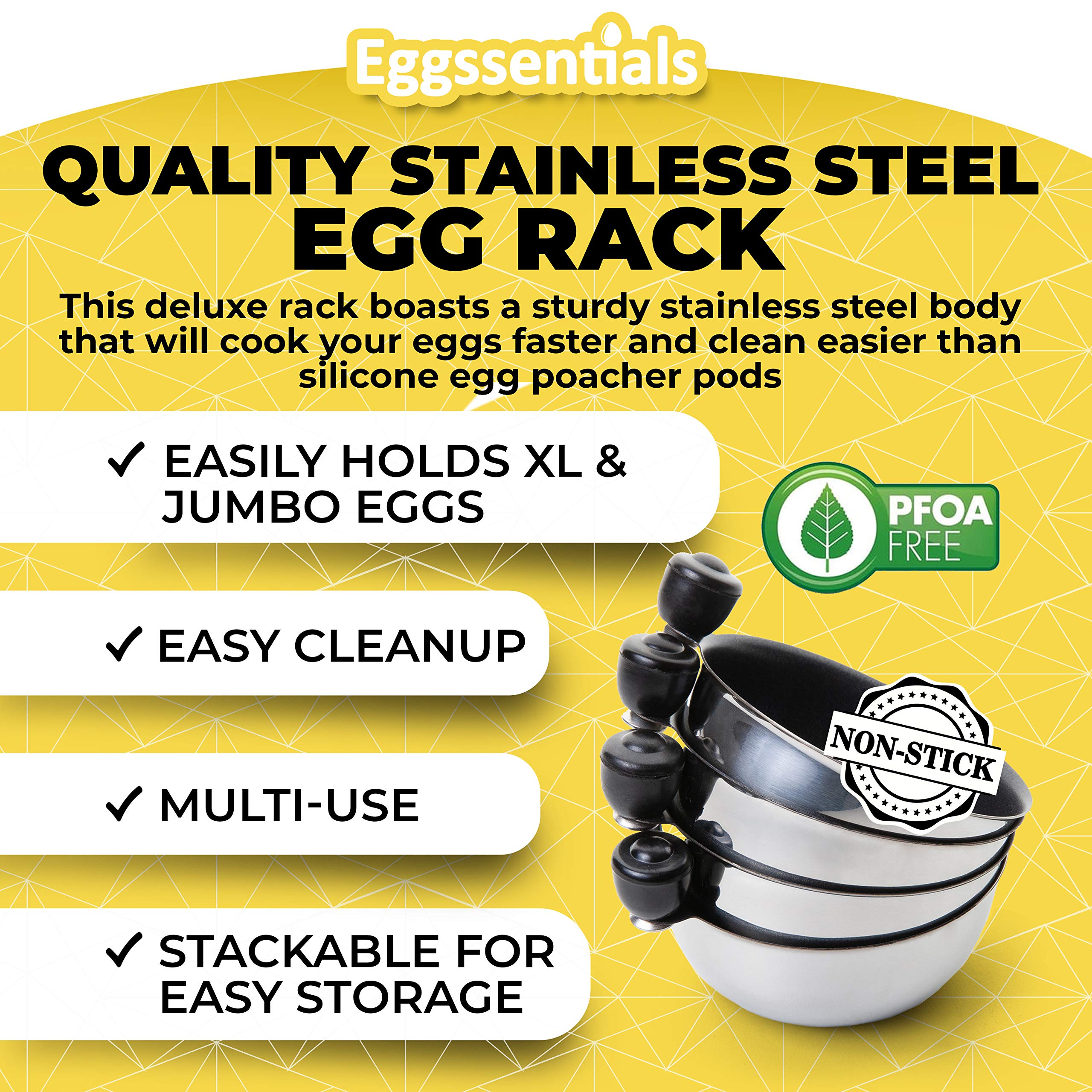 Eggssentials Egg Poacher Insert Stainless Steel Poached Egg Cooker Eggs Poaching Cup PFOA Free Egg Poachers Nonstick, 7.25" Rack Compatible with Skillet Instant Pot