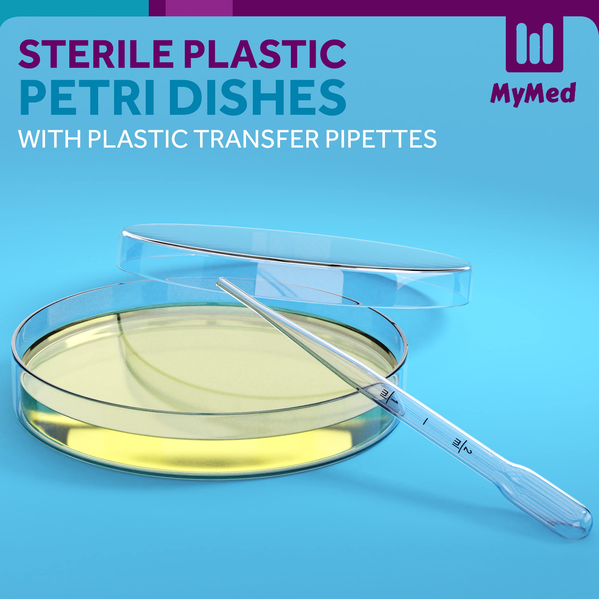 MyMed Pack of 20 Sterile Petri Dishes with Lids (90 x 15 mm), 2ml Plastic Pipettes for Lab Analysis, School Projects, Blood Samples, Bacteria, Plant & Seed Cultivation Petri Dish (20)