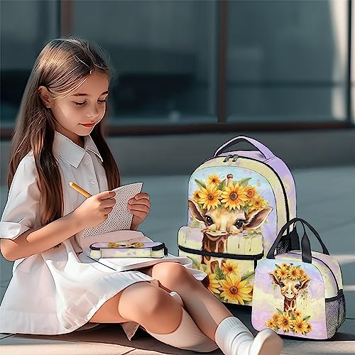 Homexzdiy Giraffe Backpack with Lunch Box Set for Girls Boys, 3 in 1 School Backpacks Matching Combo, Cute Yellow Bookbag and Pencil Case Bundle