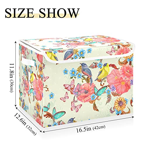 innewgogo Flowers Birds Butterflies Storage Bins with Lids for Organizing Foldable Storage Box With Lid with Handles Oxford Cloth Storage Cube Box for Car