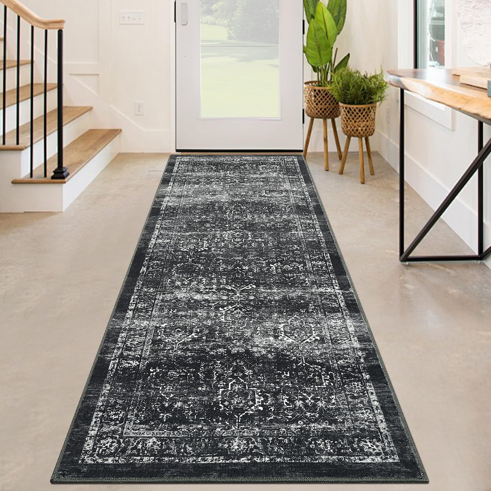 GarveeHome Washable Runner Rug 2x6 Runner Vintage Rug Non Slip Kitchen Rugs Floral Oriental Low Pile Entryway Rug Soft Bathroom Rugs Stain Resistant Carpet for Bedroom Hallway Laundry 2'x6' Black