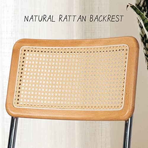 MeetLeisure Rattan Dining Chair Set of 2, Mid-Century Modern Chairs with Metal Chrome Legs, Armless Cane Back Chairs with Upholstered Cushion for Home Kitchen Dining Room, Matcha Green