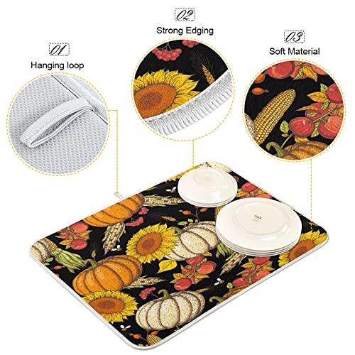 Summer Sunflowers Dish Drying Mat for Kitchen Counter 16x18 In Pumpkins Reversible Cute Sunflowers Tableware Pad Dish Drainer Rack Mats Fast Absorbent Kitchen Accessories for Countertop Sink