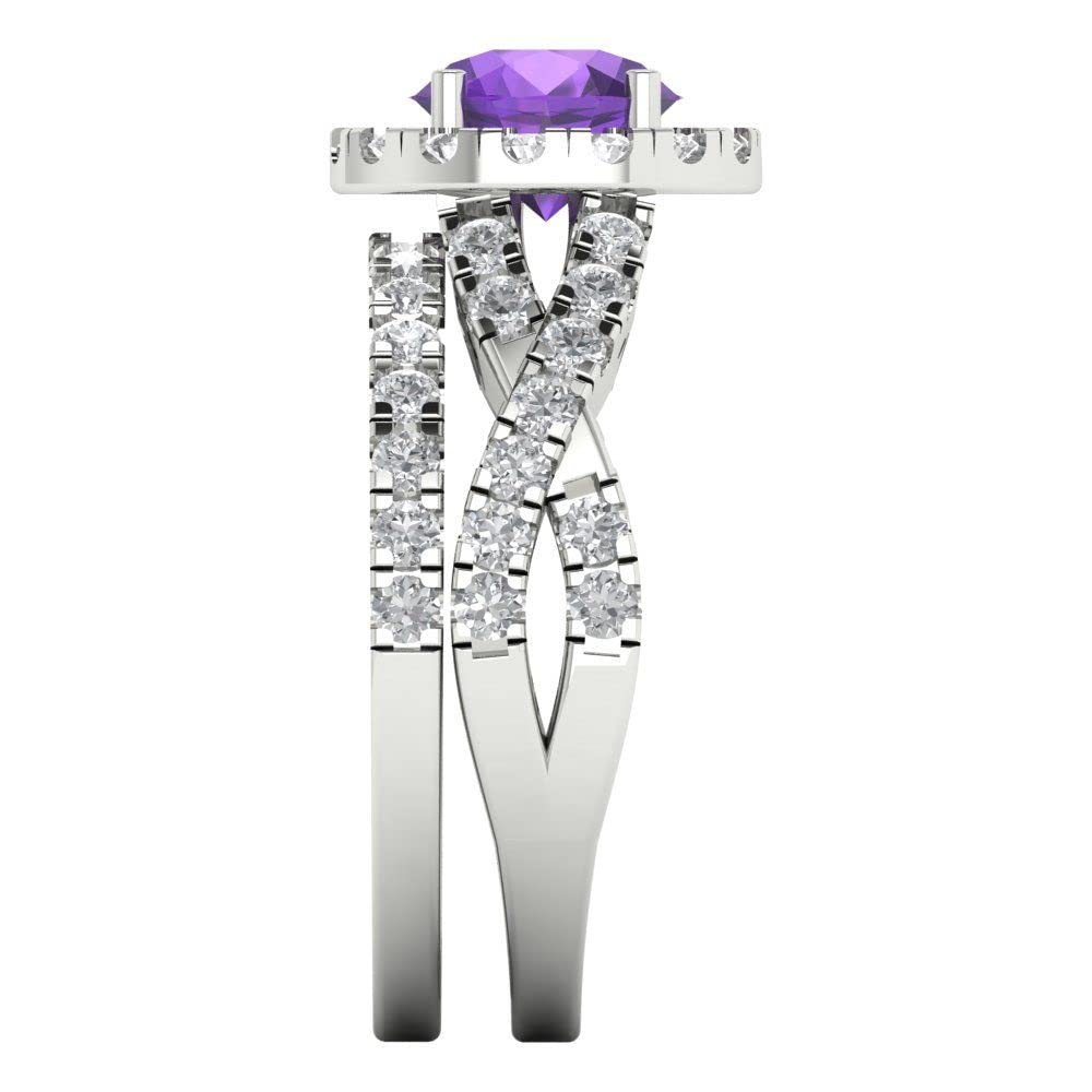 Clara Pucci 2.34 carat Round Shape Halo Solitaire Natural Amethyst Engagement Wedding Anniversary Bridal Ring band set 14k White Gold 6.5