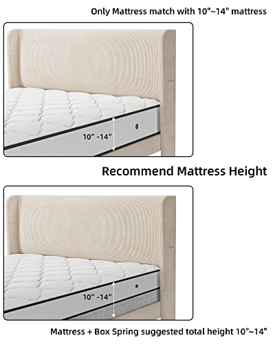 Homhougo Queen Bed Frame, Upholstered Platform Bed with Wingback Headboard, Velvet Upholstered Bed Frame with 2 Storage Pockets, Strong Wooden Slat Support, Easy Assembly, Box Spring Optional, Beige