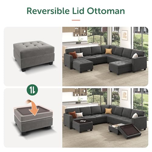 HONBAY Velvet Convertible Sectional Couch, U Shaped Sectional Sofa with Chaise Modular Sectional with Storage Ottoman Corner Couch for Living Room, Grey