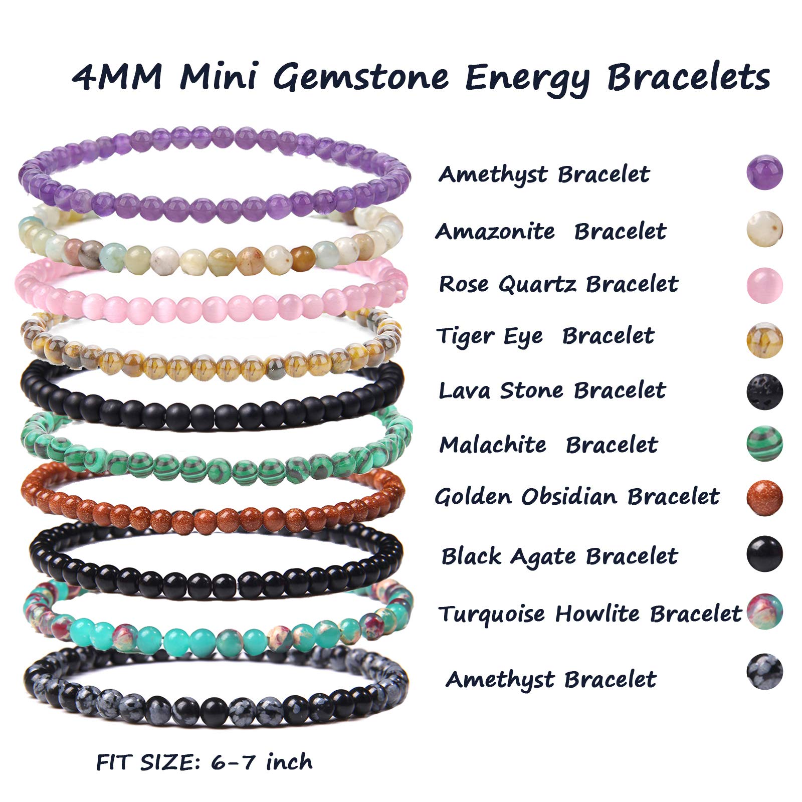 CASDAN 10 Pcs 4MM Mini Semi Precious Gemstone Energy Bracelets for Women Tiny Bracelet Stone Statement Bracelet Charm Beaded Couples Bracelets
