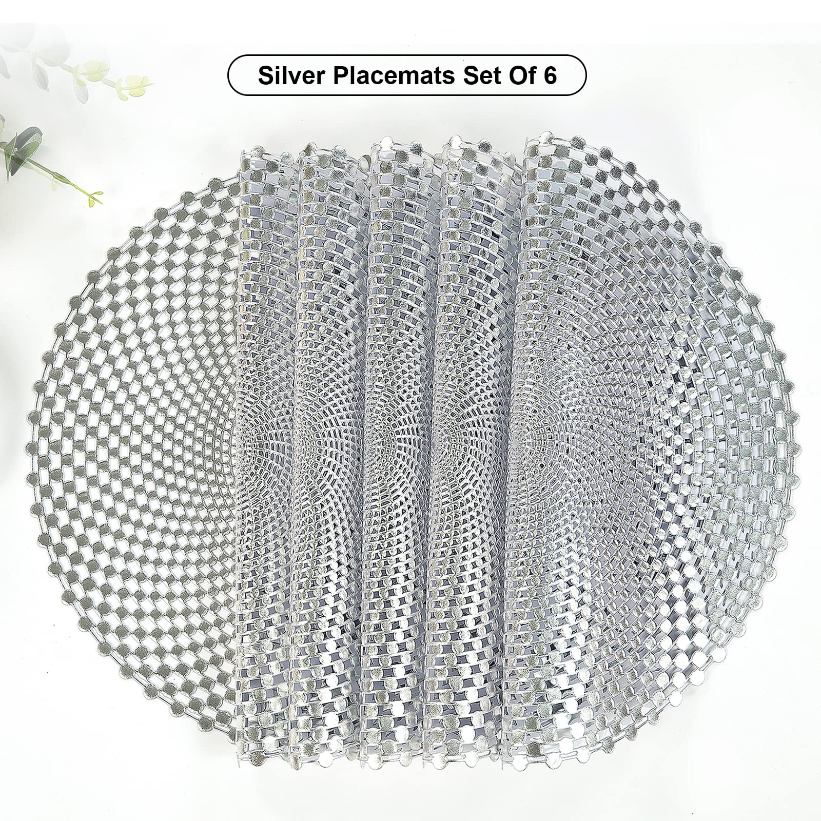 Crisjanggo Silver Metallic Placemats Set of 6 Pressed Vinyl Round Tablemats Simple Hollow Out Design Mats Washable Stain Resistant Nonslip Place Mat for Dining Table Wedding Party Decoration