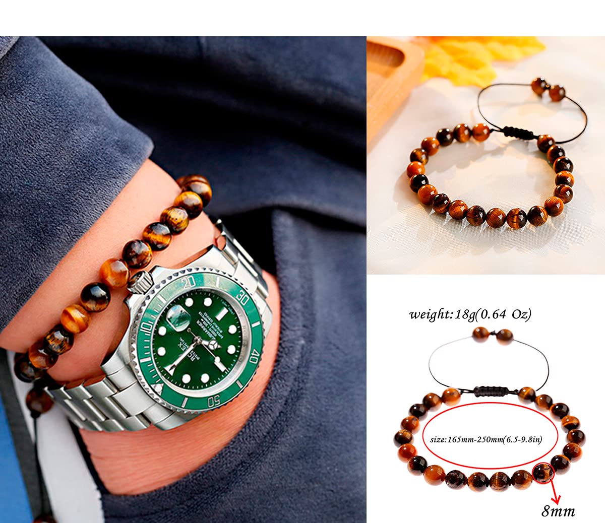 CASDAN 8Pcs 8mm Gemstones Beaded Bracelets for Women Men Crystal Beads Bracelet Stretch Amethyst Adjustable Elastic Bracelets Set