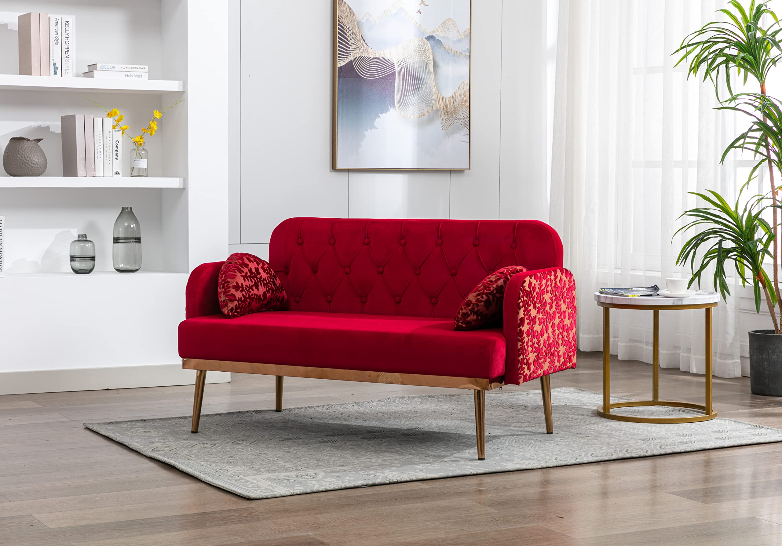 HomJoones 55.12" Accent Sofa, Velvet Sofa, Mid Century Modern Velvet Fabric Couch, Recliner Couch Accent Sofa Loveseat Sofa with Gold Metal Feet (Red)