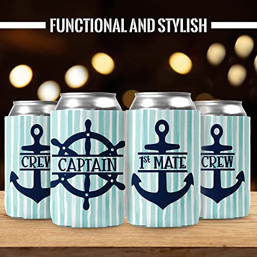 The Navy Knot Personalized Can Cooler Sleeves - Regular Cans Beverage Foldable Cooler Sleeves, Sweat-Proof Can Huggers for 12oz Beverage Bottles, Cool Boat Accessories, 4 Pk (Nautical Captain & Crew).