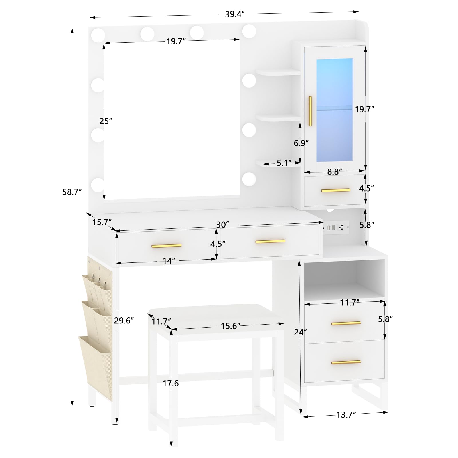 CSZZD Makeup Vanity Desk with Mirror and Lights, White Vanity Table Set with Charging Station, LED Cabinet, 5 Drawers & Storage Bag, 3 Lighting Modes, Bedroom Vanity Mirror with Lights Desk and Chair