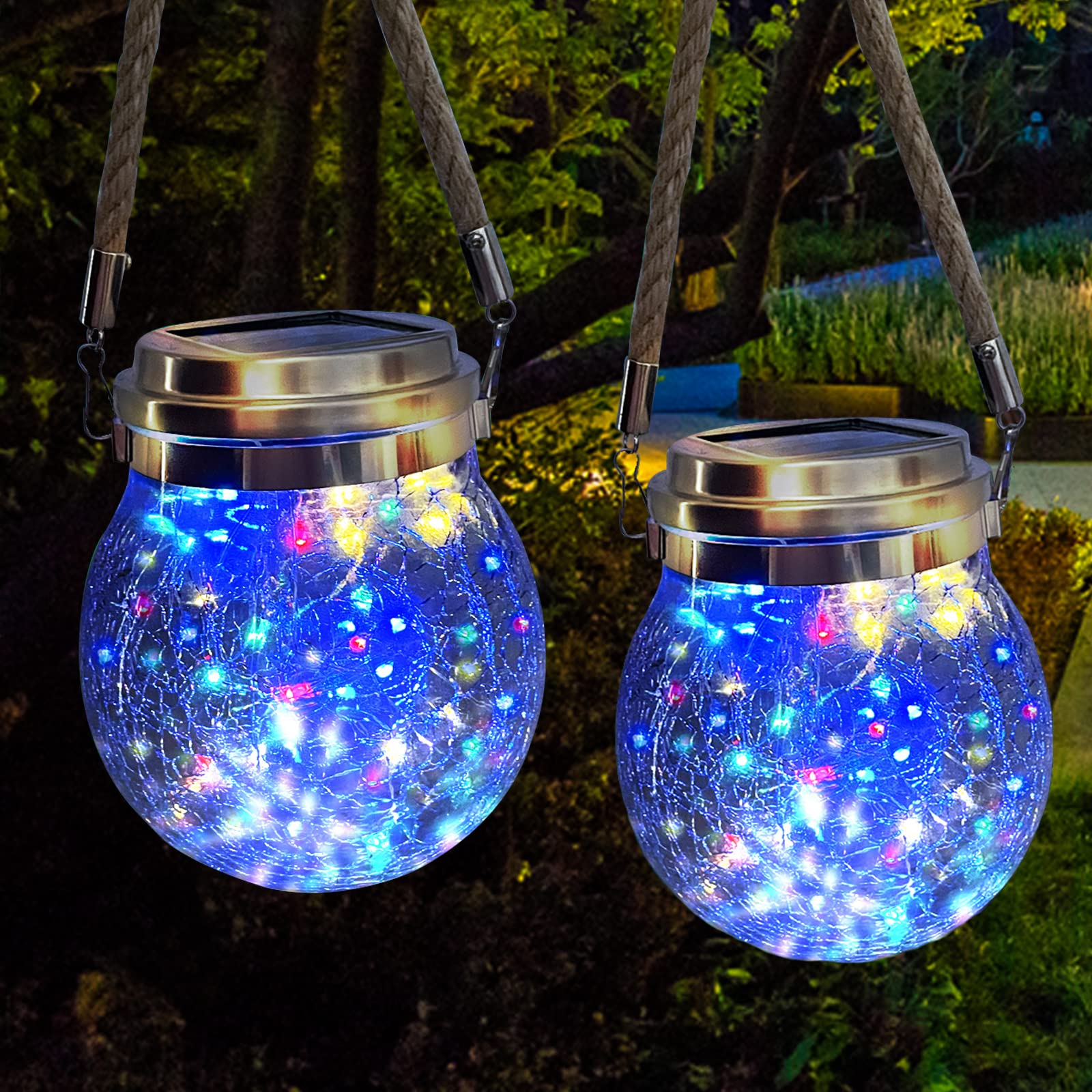 ZQX Outdoor Hanging Solar Lights,2 Pack 30 LED Solar Cracked Glass Ball Lanterns with Handle,Waterproof Solar Decorative Lights for Garden Patio Yard Christmas Wedding Party Decor(Warm White)