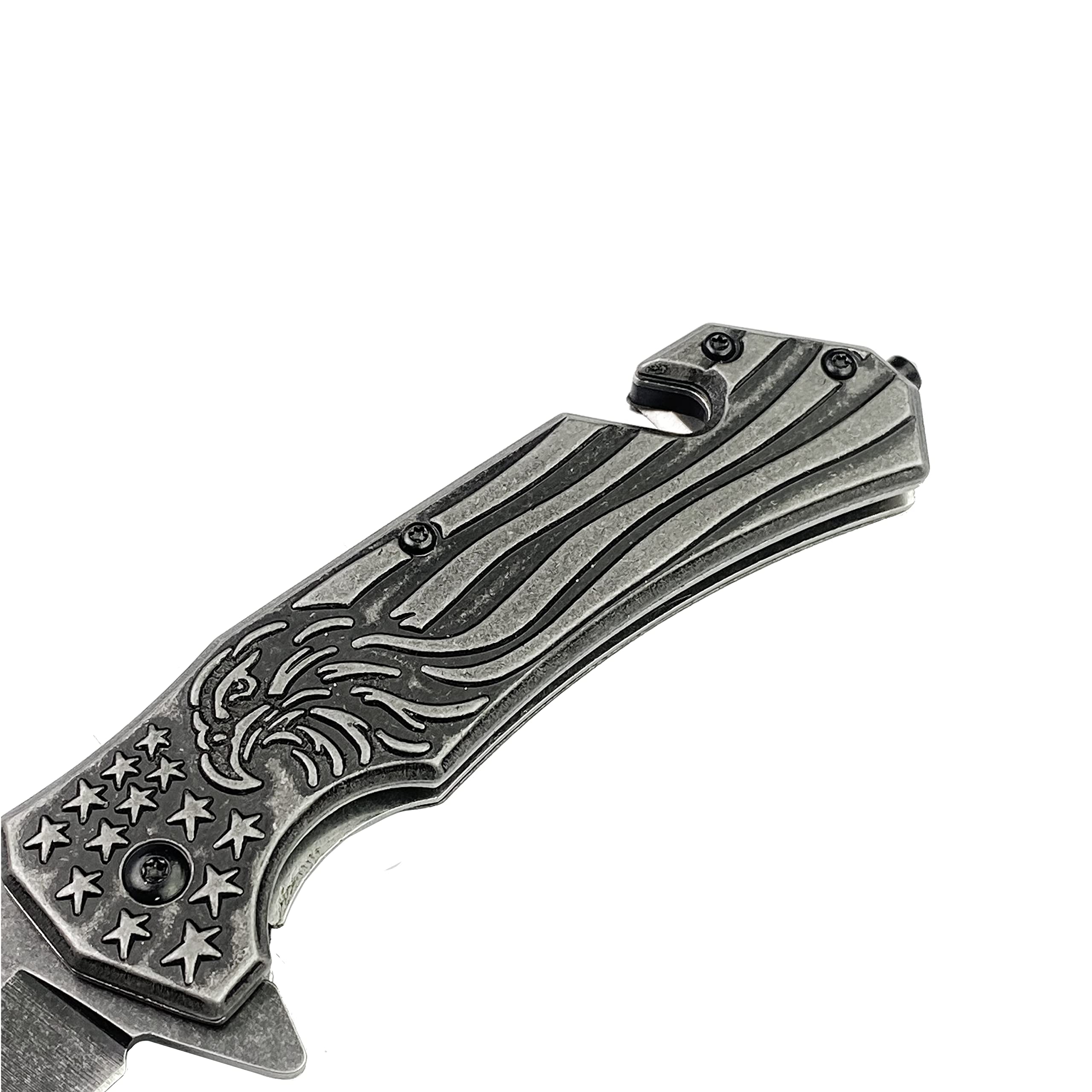 Falcon 8" U.S American Flag Eagle Engraved Assisted Open Tactical Stainless Steel Folding Clip Point Knife with Seatbelt Cutter and Glass Breaker
