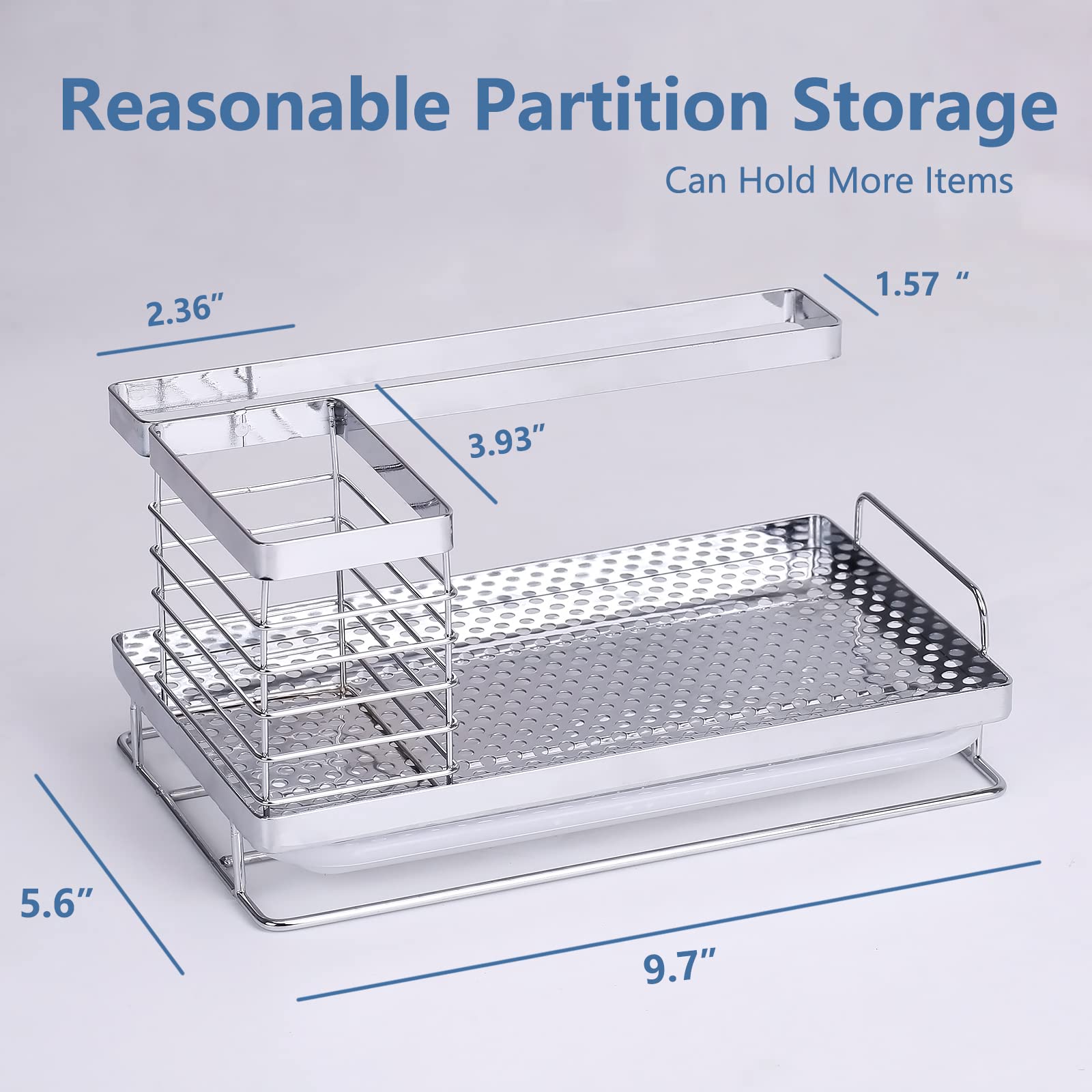 Cenekphy Kitchen Sink Caddy Organizer Rack Shelf Sponge Holder with Removable Drain Tray, Stainless Steel Rustproof Soap Dish Scrub Scrubber Brush Dispenser, Countertop Storage with 4 Sponges, Silver