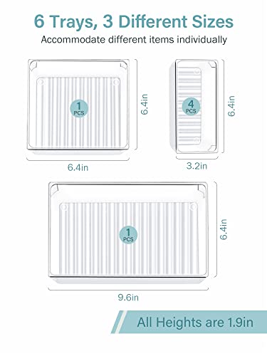 Kootek 6 Pcs Drawer Organizer Set, 3-Size Bathroom Drawer Organizers Makeup Trays Vanity Desk Dividers Versatile Storage Bins Clear Plastic Drawer Organization Container for Dresser, Kitchen, Office