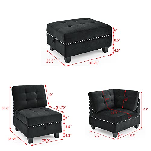 Melpomene U Shape Sectional Sofa DIY Sofa Combination,Includes Two Single Chair ,Two Corner and Two Ottoman(Black, Velvet+Two Single Chair)