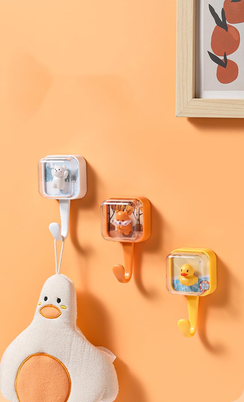Gautsa Cute Adhesive Hooks, Animal Bounce, Spring Shaking Duck Polar Bear Squirrel, No Nails, Waterproof, for Key Purse Robe Towel, Creative Individual Hook Set of 3 (3 Pack)