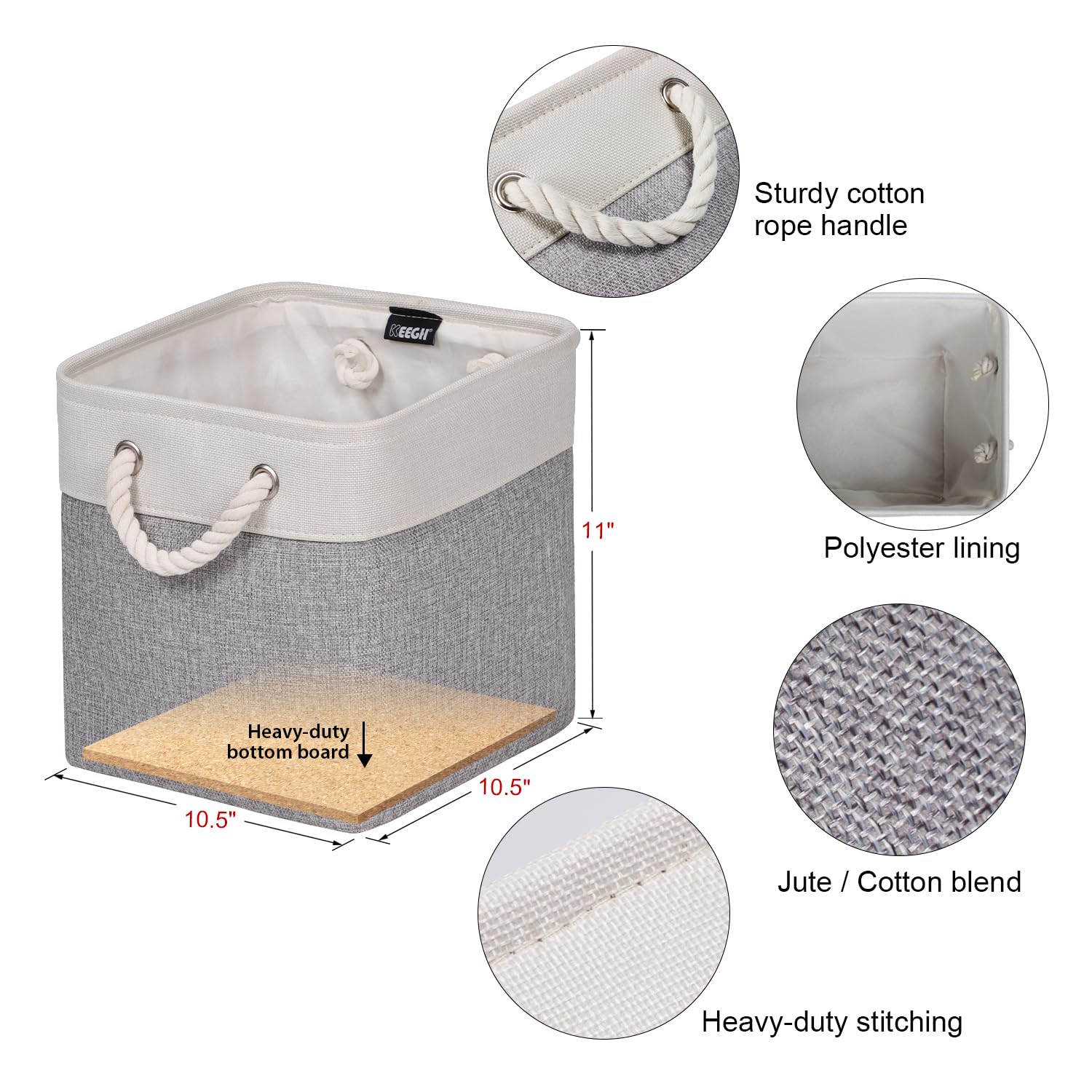 KEEGH Fabric Cube Storage Bins 10.5x10.5 Foldable Storage Bins Small Cube Organizer Baskets for Closet Shelf Office Organizing,Sturdy Storage Box with Handles Grey