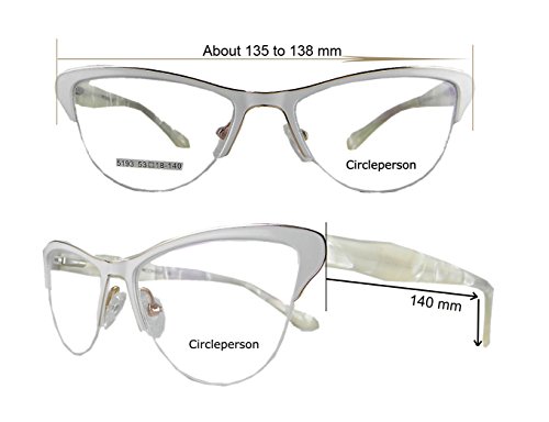 Circleperson women cat eye glasses frames spring hinges half-rimless middle size (White, Clear/w print)