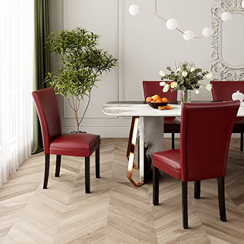 JESONVID Set of 2 Faux Leather Upholstered Parsons Dining Chair with High Backrest, Kitchen Accent Side Chairs with Solid Wood Legs Armless Dining Room Chair, Burgundy 1331RD