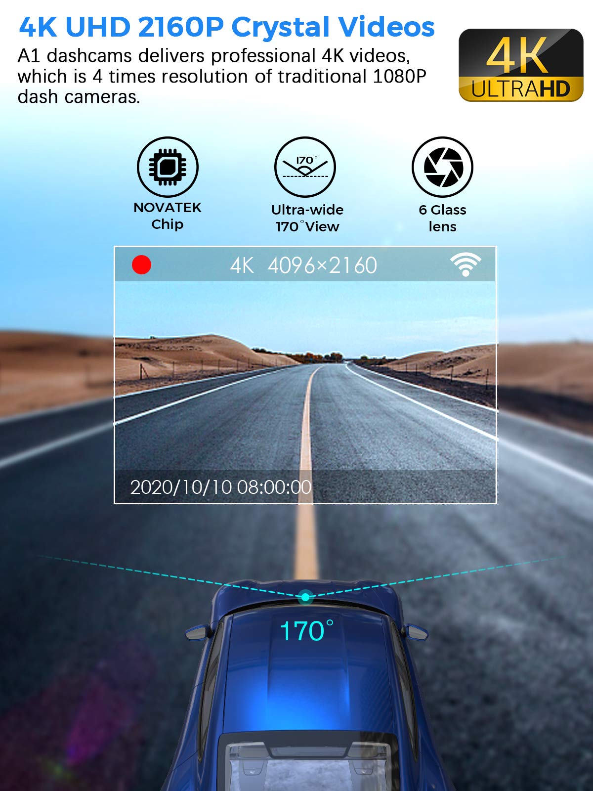 Dash Cam 4K WiFi Ultra HD 2160P Car Dash Cam Front, Dash Camera for Cars Dashboard Camera Recorder with Night Vision, WDR, Loop Recording, 170° Wide Angle, G-Sensor, 24H Parking Monitor