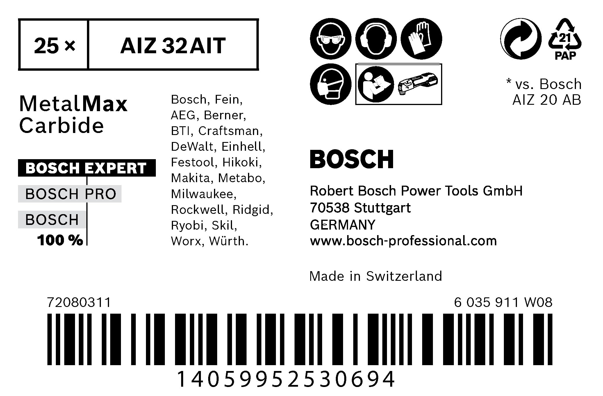 Bosch Professional 1x Expert MetalMax AIZ 32 AIT Multitool Blade (for Steel, Stainless Steel, Width 32 mm, Accessories Multitool)