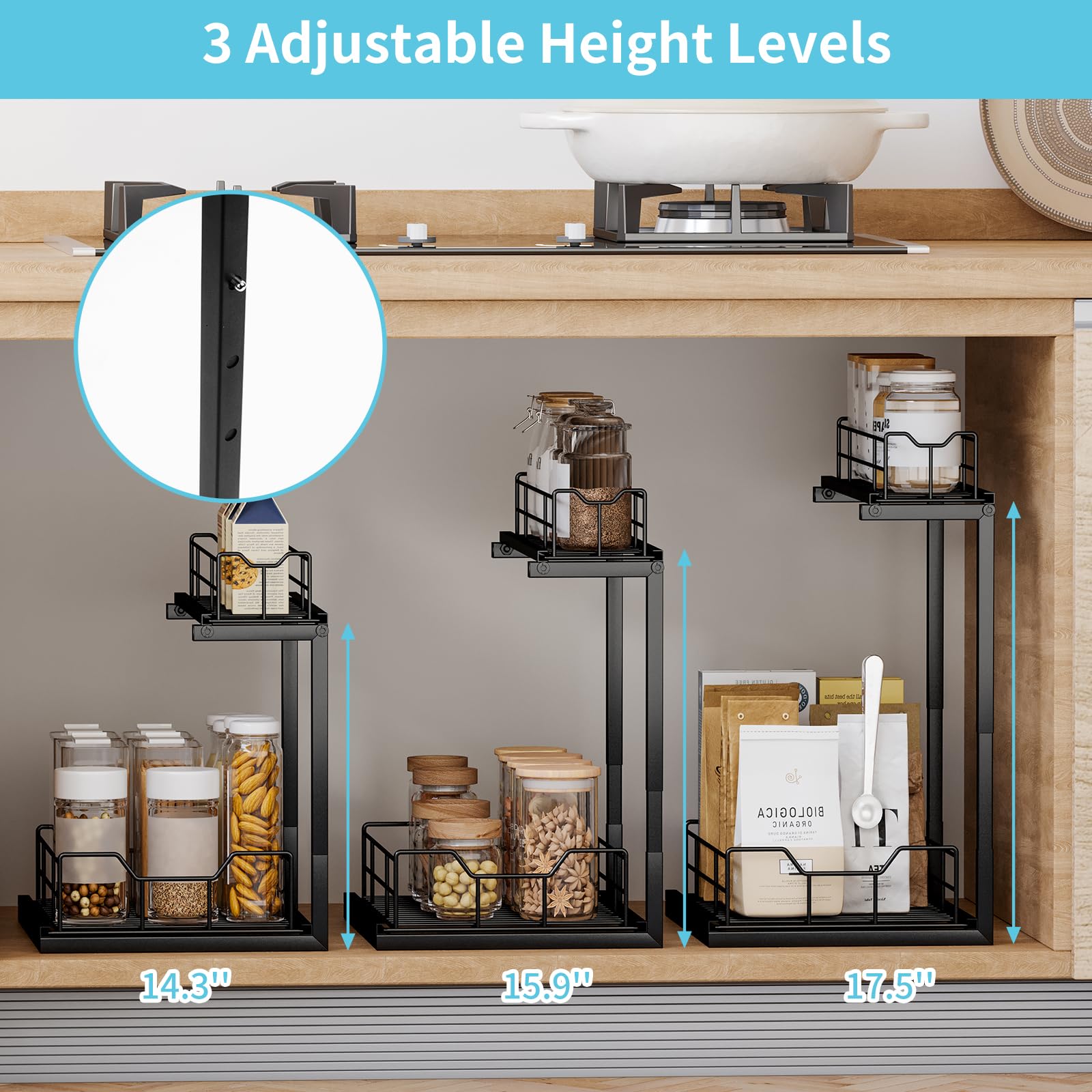 Fixwal 2 Pack Under Bathroom Sink Organizer and Storage, 2-Tier Adjustable Height Kitchen Bathroom Cabinet Organizers and Storage, Metal Pull Out Under Sink Storage for Kitchen Bathroom Cabinet Pantry