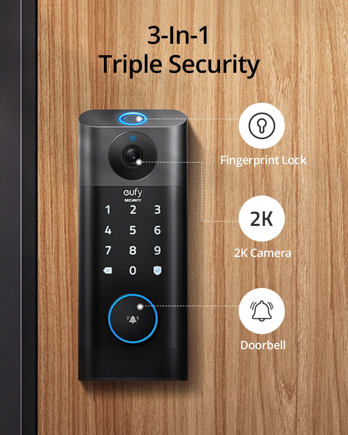 eufy Security S330 Video Smart Lock+S330 eufyCam 3 2-Cam Kit, 3-in-1 Keyless Entry Door Lock, Security Camera Outdoor Wireless, WiFi Door Lock,App Remote Control,Expandable Local Storage up to 16TB
